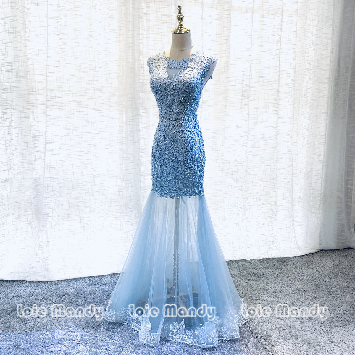 Streamer Trumpet Lace Evening Dresses For Women Long Elegant Blue ...